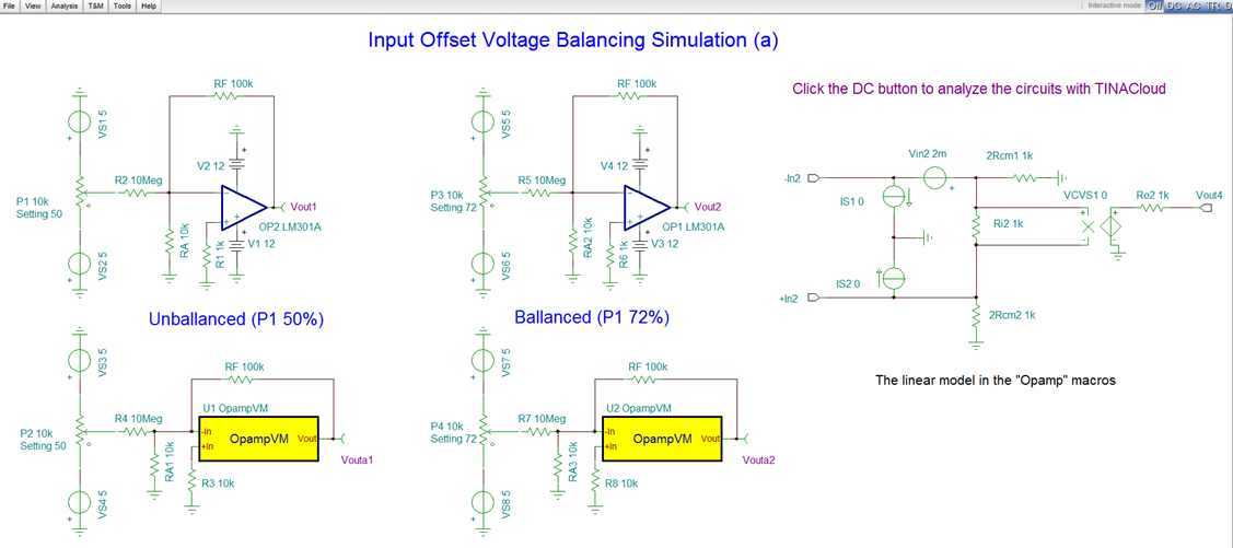 Input Offset Voltage Balancing Circuit Simulation With Tinacloud